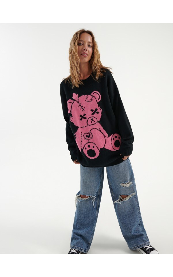 Jersey largo oversize con motivo de osito Color negro - HOUSE - 9709O-99X
