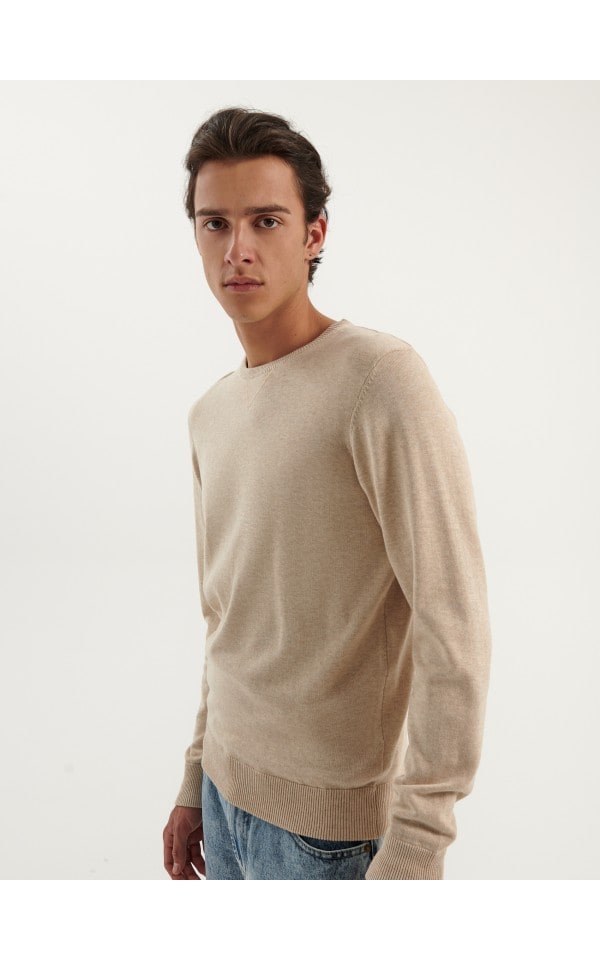 Bawełniany sweter o klasycznym kroju beżowy - HOUSE - 4390O-01M