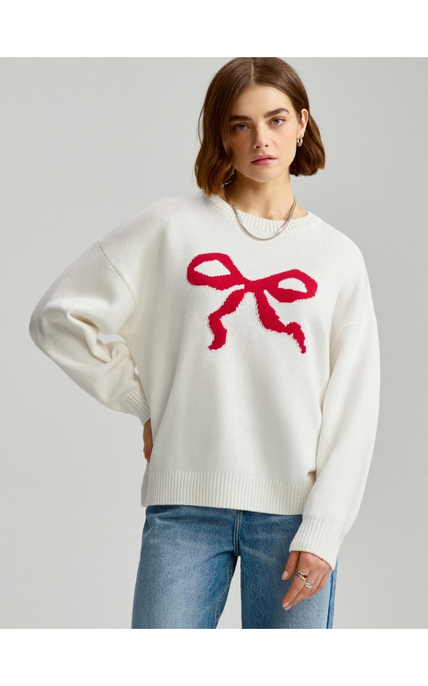 Kremowy sweter bawełniany z czerwoną kokardą - HOUSE - 516DW-01X