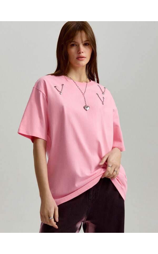 Koszulka oversize z łańcuszkami różowa - HOUSE - 727EC-30X