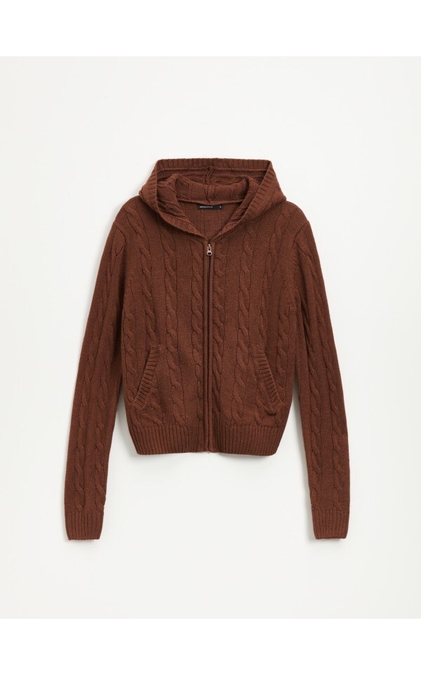 Sweter z kapturem o warkoczowym splocie brązowy, HOUSE, 7503Q-89X