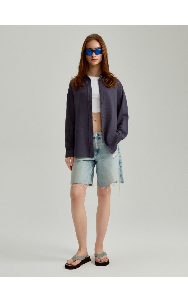 Czarna koszula loose fit z domieszką lnu - HOUSE - 770AM-99X