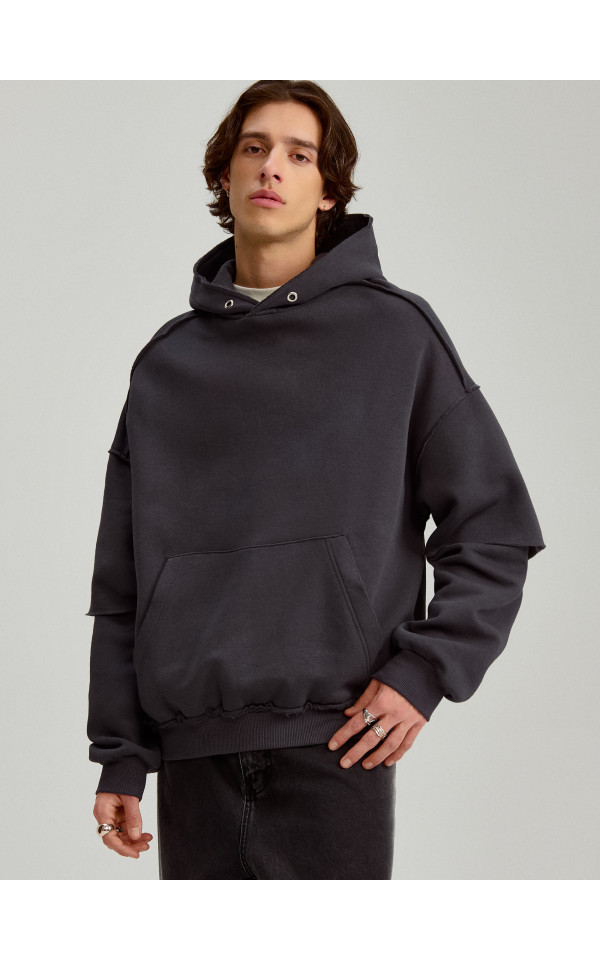 Grafitowa bluza z kapturem i warstwowymi rękawami - HOUSE - 916FH-90X