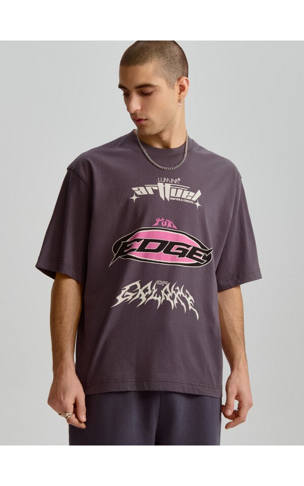 Grafitowa koszulka boxy z nadrukiem - HOUSE - 989DN-90X